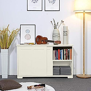 Yaheetech Storage Cabinet Kitchen Buffet Cabinet Sideboard with Sliding Door, Adjustable Shelf & Open Side Panels, Stackable Cupboard for Kitchen, Living Room, Hallway Furniture, Antique White