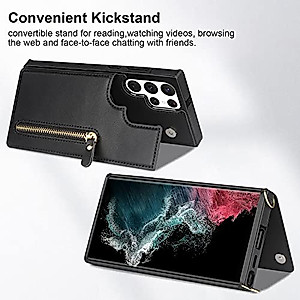 Vofolen Wallet Case for Samsung Galaxy S22 Ultra with Card Holder Lanyard Neck Crossbody Detachable Strap Zipper Purse Square Flip Slim PU Leather Double Magnetic Clasp Kickstand Cover 6.8 inch Black
