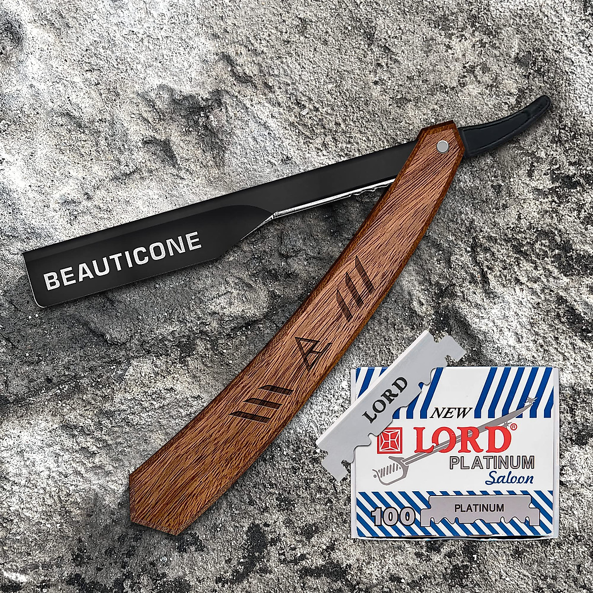 BEAUTICONE Straight Razor | Professional Barber Rose Wooden Razor with Black blade holder for men with 100 Single Edge Blades │slide-out design