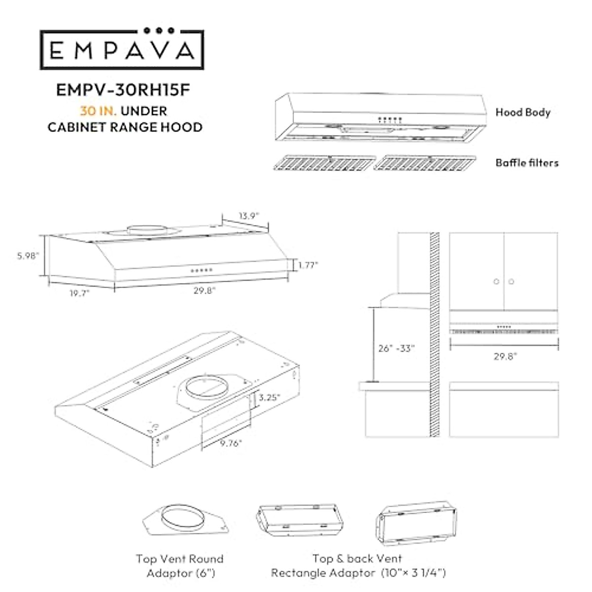 Empava Ductless Under Cabinet Range Hood 36 Inch, Convertible Ducted (Rear/Top Vent), 300 CFM, Push Button Plug in, Stainless Steel