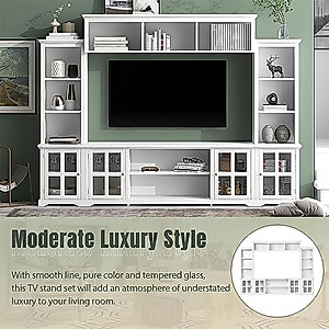 TV Stand for TV's up to 75 Inch with Open Bookshelf, Wine Cabinet & Display Cabinet, Multifunctional Entertainment Wall Unit with Bridge & Tempered Glass Door for Living Room