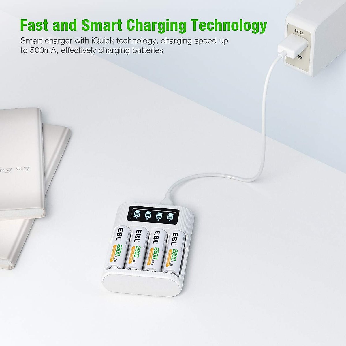 EBL LCD Battery Charger AA AAA Rechargeable Battery Charger - 4 Bay Smart LCD Charger with 2 USB Input Port for Ni-CD Ni-MH Battery
