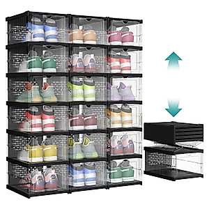 SONGMICS Foldable Shoe Boxes, Pack of 18 Stackable Shoe Storage Organizer, Set of 3 Integraed Shoe Cabinets, Portable, Fit up to US Size 13, 60s Assembly, Transparent and Ink Black ULSP207B01