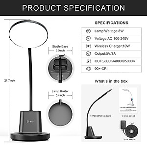 Vicsoon LED Desk Lamp with Wireless Charger, Desk Lamp for Home Office with Pen Phone Holder, Flexible Arm Dimmable 3 Color Modes Eye Caring Small Study Desk Light for College Dorm, 800 Lumens CRI 90