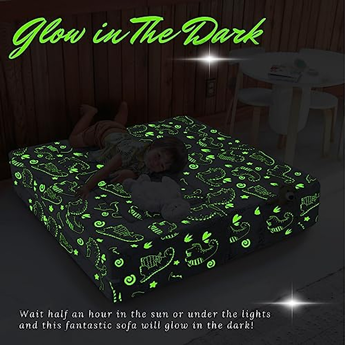 MeMoreCool Kids, Toddler Couch, Glow in The Dark Dinosaur Fold Out Baby Couch, Grey Kids Sofa Play Couch for Playroom, Modular Kid Furniture for Bedroom