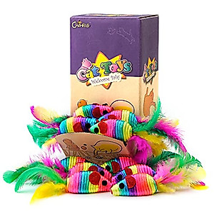 CHIWAVA 24PCS 5" Rattle Cat Toys Mice with Feather Rainbow Rope Mouse Kitten Interactive Toy Assorted Color