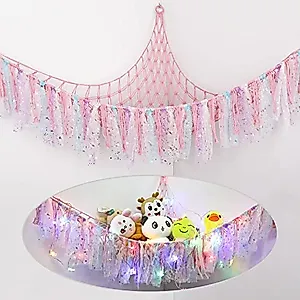 Stuffed Animal Net or Hammock with LED Light, Toy Hammock Hanging Stuffed Animal Storage Organizer Holder Room Décor with Tassels for Nursery Play Room Kids Bedroom