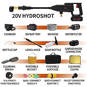 Cordless Pressure Washer, Max 950 PSI Portable Pressure Washer with 6-in-1 Adjustable Nozzle, Three-Speed Adjustable Portable Power Cleaner with Battery & Charger, Washing Cars/Fences/Siding（Black）