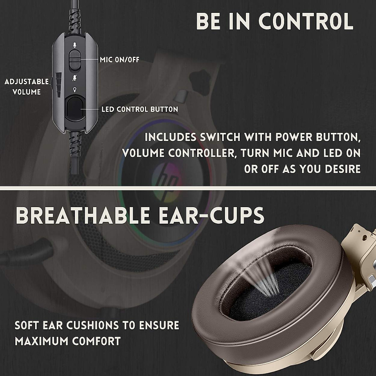 HP USB PC Gaming Headset with Microphone. 7.1 Surround Sound, RGB LED Lighting, Noise Isolating Over Ear Game Headphones with Detachable Mic for PC, Mac, PS4, Laptop - Gold