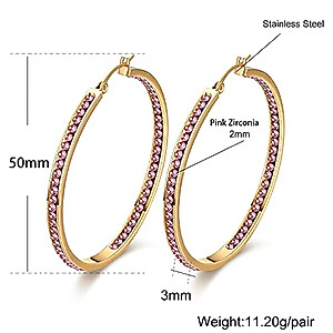 weinuo 2 Inch Stunning Gold Plated Stainless Steel Pink Cubic Zirconia Hoop Earring for Women Hypoallergenic Jewelry for Sensitive Ears Large Big Hoop Earrings 50MM