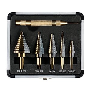 KENDO 5PCS Step Drill Bits with Automatic Center Punch - Black and Gold, High Speed Steel Unibit Step Drill Bit Set, Total 50 Sizes HSS Titanium Step Bits for Metal, DIY Lovers with Aluminum Case