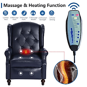 Consofa Wingback Recliner Chair with Massage and Heat - Tufted PU Leather Push Back Arm Chair for Living Room - Vintage Recliner Chair with Remote Control, Padded Cushion, Backrest, Wooden Legs