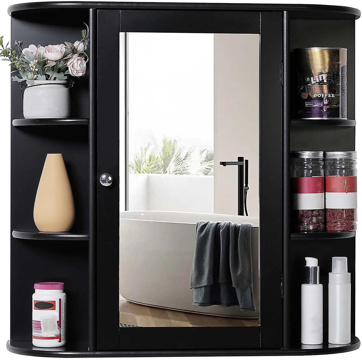 Iwell Bathroom Medicine Cabinet with Mirror, Bathroom Wall Cabinet with 2 Adjustable Shelves & 6 Open Shelves, Bathroom Cabinet Wall Mounted, Over The Toilet Space Saver Storage Cabinet, Black