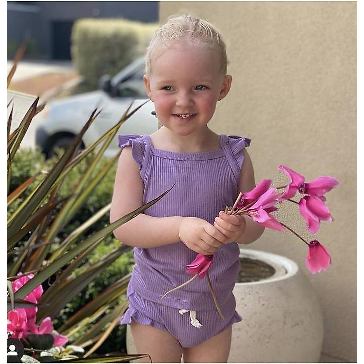 Toddler Baby Girl Summer Short Clothes Ribbed Ruffle Sleeve Tops+Elastic Drawstring Short Pants Two Piece Solid Outfit Set (A-Purple, 12-18 Months)