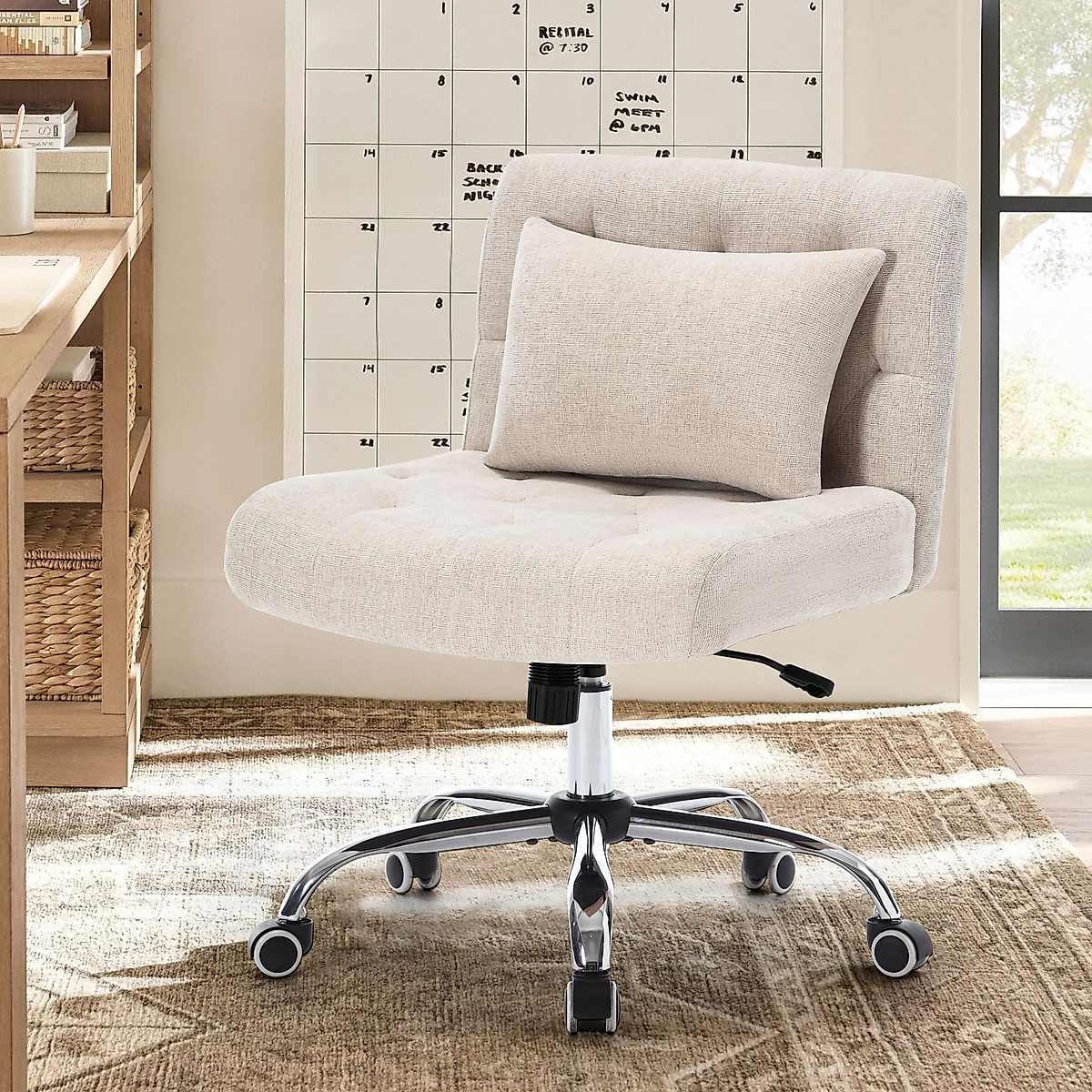 Armless Fabric Office Desk Chair with Wheels, Cross Legged Wide Seat Chair, Modern Home Office Chair with Lumbar Pillow, Comfortable Computer Task Chair for Small Space, Vanity Chair for Women, Girls