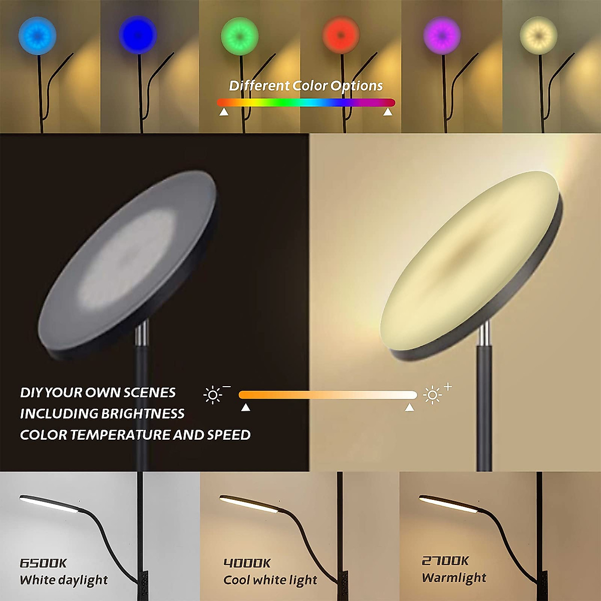 2 in 1 RGB Floor Lamp with Reading Lamp 30W/15W Color Changing Mood Sky LED Modern Super Bright Floor Lamps-Tall Standing Pole Light with Remote & Touch Control for Living Room,Bed Room,Home Office