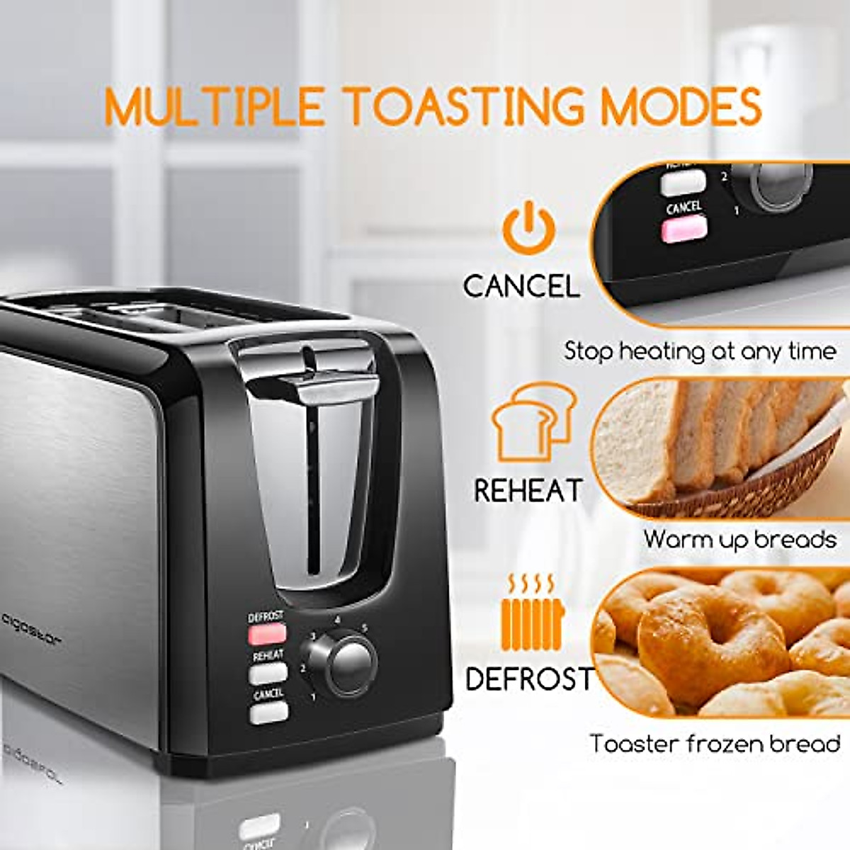 Toaster 2 Slice Wide Slots Best Rated Prime Toasters, Compact Stainless Steel Bread Toaster with Reheat/Defrost/Cancel Functions, 7-Shade Control & Removable Crumb Tray, Black, UL Certificated