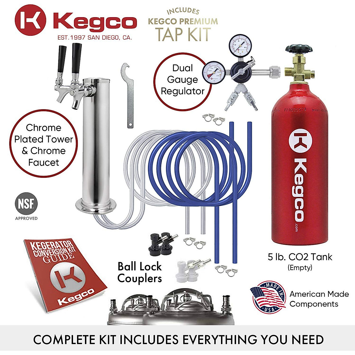 Kegco K199B-2P Kegerator Two Keg Beer Cooler - Premium Double Faucet D System Kit - Black Door