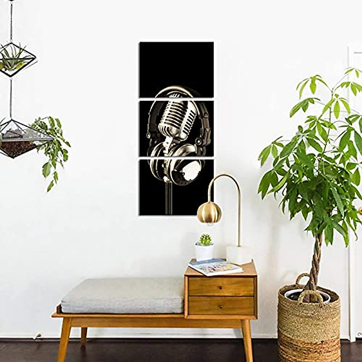 SiMiWOW 3 Piece Music Canvas Prints Black and White Headphone and Microphone Musical Picture Music Classroom Studio Decor Picture Framed Gallery Wrap