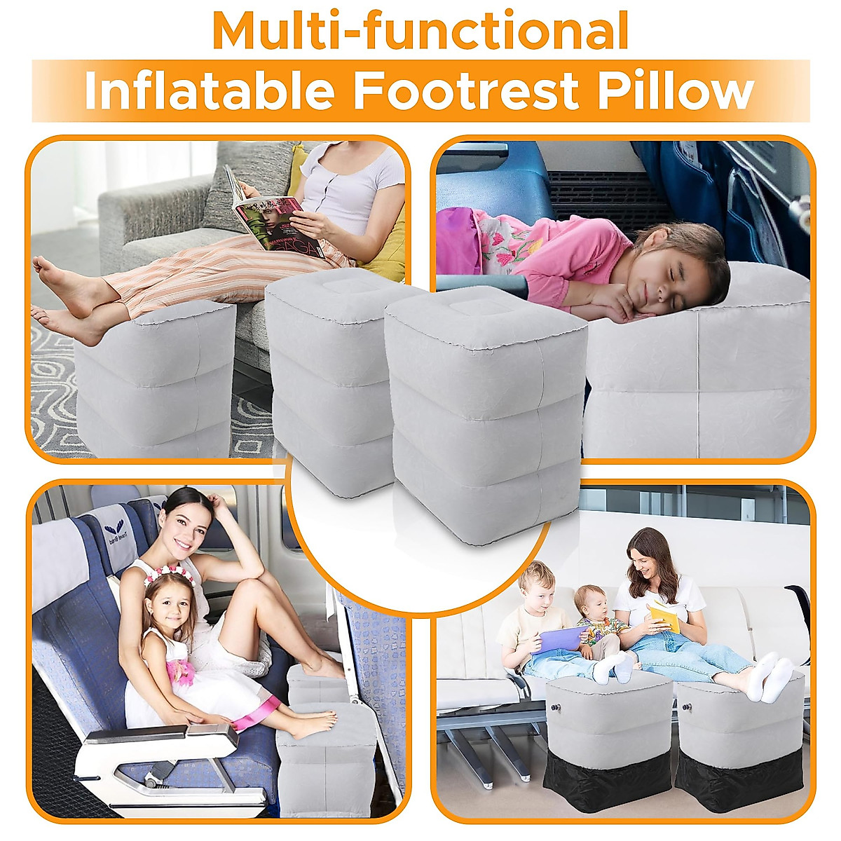ENIE Pack of 2 Inflatable Foot Rest for Air Travel - Adjustable Three Layers Travel Airplane Foot Rest with Hand Pump - Adjustable Inflatable Toddler Airplane Bed, Footrest Pillow (Lightgrey)