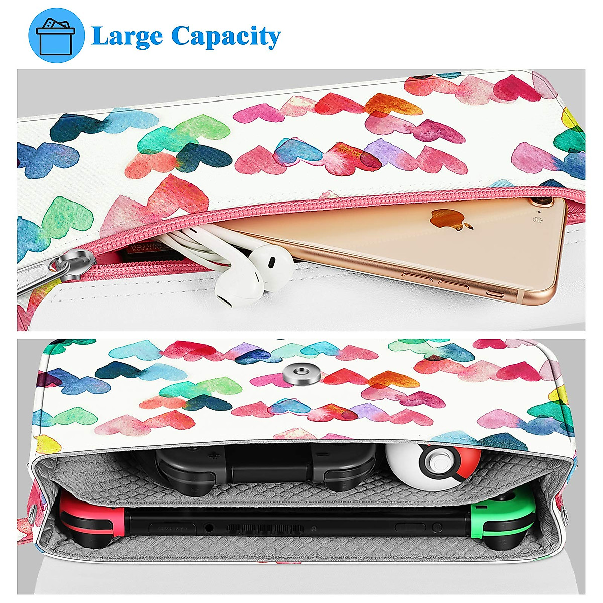 Fintie Carrying Case for Nintendo Switch OLED Model 7.0"/Switch 6.2" - Portable Travel Bag Protective Sleeve Pouch with Game Card Slots & Large Pocket for Switch and Accessories, Raining Hearts