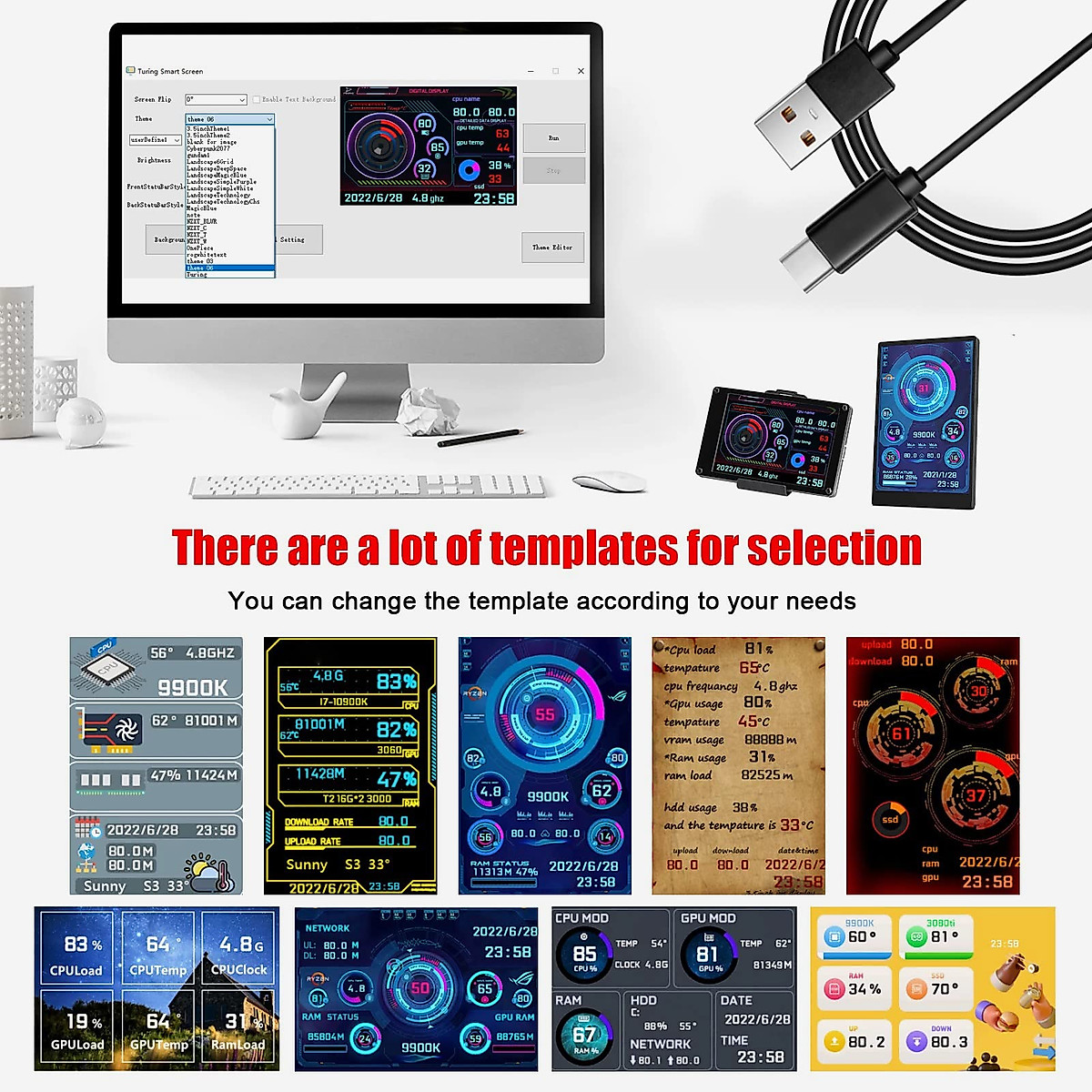 Computer Temp Monitor, 5Inch IPS Full Viewing Angle USB Temperature Display Screen for PC Computer Case Secondary Screen, PC CPU GPU Data Monitor