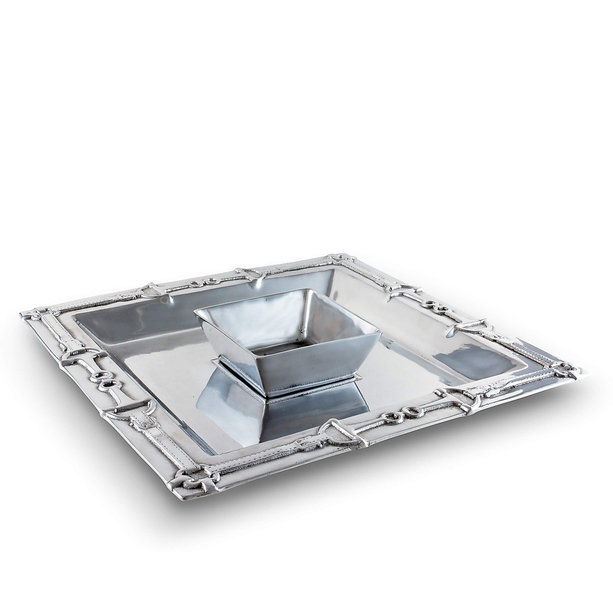 Arthur Court Equestrian Chip and Dip Platter in Bit Pattern with Removable Bowl - Sand Casted in Aluminum with Artisan Quality Hand Polished Designer Tarnish-Free Horse Décor 15 inch Square