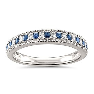 Beyond Brilliance 1/3 Carat Diamond, Pavé-Set 14K White Gold Princess Cut Diamond & Blue Sapphire Migraine Wedding Band Ring (H-I, SI2-I1) Natural Diamond Wedding Band For Women