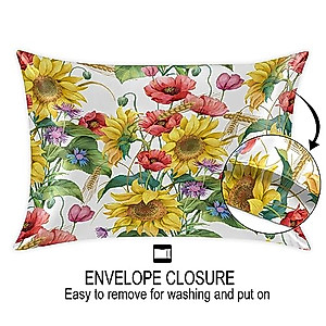 Floral Sunflower Poppy Satin Pillow Cases Silk Satin Pillowcase for Hair and Skin Standard Set of 2 Super Soft Silk Pillowcase with Envelope Closure (20x26 in)