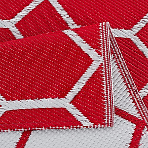 Outdoor Runner - Recycled Plastic Floor Runner Rug for Patio, Camping, Beach, Balcony, Porch, Deck - Weather, Water, Stain, Lightweight, Fade and UV Resistant - Miami- Red & White (2'4''x6')