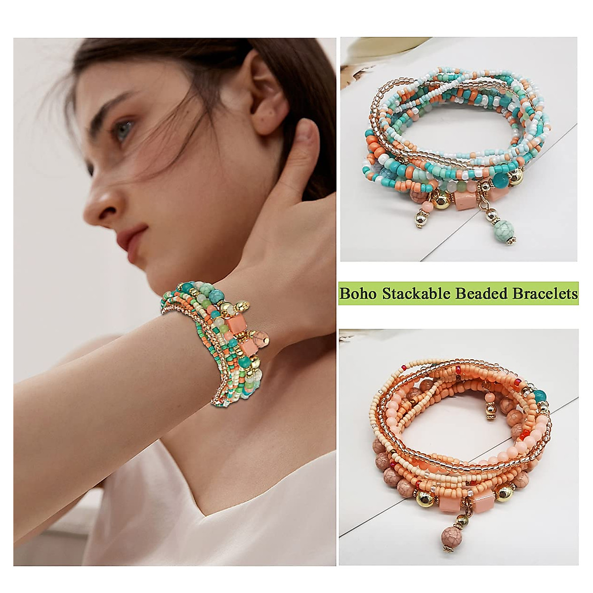 SAMOCO 9 Sets Bohemian Stackable Bead Bracelets for Women Stretch Multilayered Bracelet Set Multicolor Jewelry