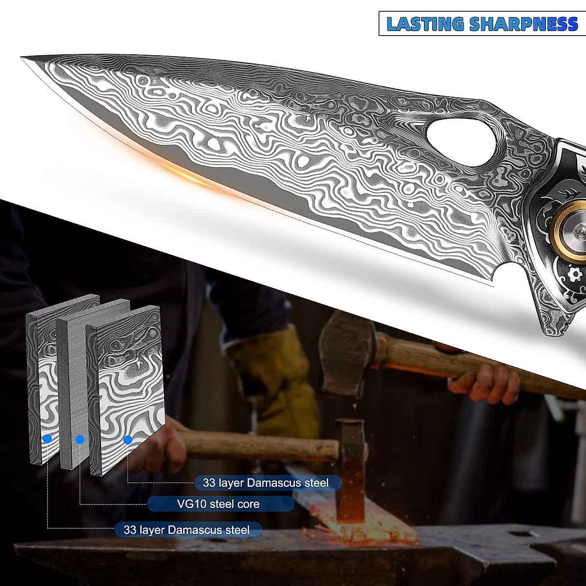 Minowe handmade Japan Damascus steel pocket knife，3.1" VG10 blade men and women Folding knife，With holster，Lining lock，resin and Maple handle，Suitable for EDC outdoor camping，go fishing hunting