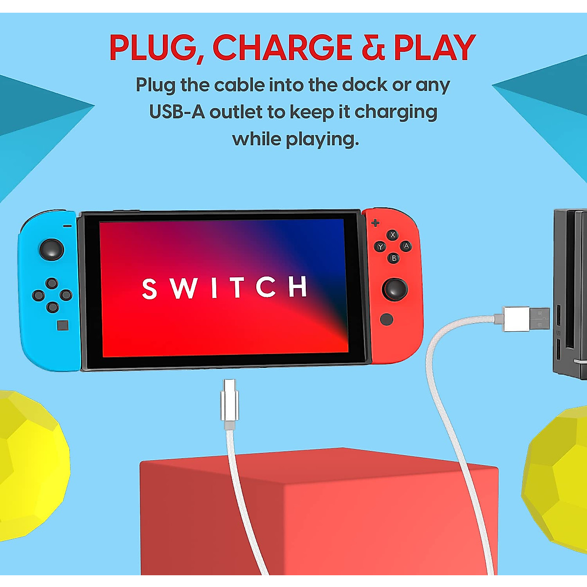 TALK WORKS Nintendo Switch Charger USB C Braided Nylon Cable Accessory - Extra Long 6' Flexible Charging Cord For Switch Lite / OLED (Silver)