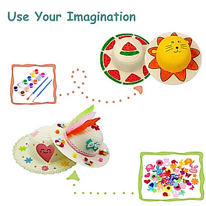 Only Lovuu 10Pcs DIY Straw Hats Set, 5 Laciness White Straw Hats + 5 Round White Straw Hats for Kids Creative Art Painting & DIY Tea Party Dress Up Hats
