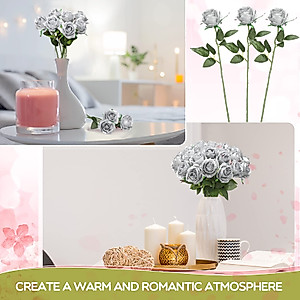 50 Pcs Artificial Rose Flower Realistic Silk Roses with Stem Bouquet of Flowers Plastic Flowers Real Looking Fake Roses for Home Wedding Centerpieces Party Decorations (Silver)