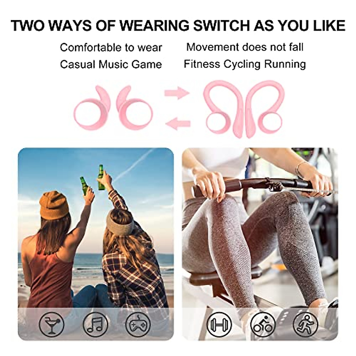 Pink Over Ear Wireless Earbuds with Earhooks Running Bluetooth Earbuds with ear hook Waterproof Small Earphones in Ear Headphones Noise Cancelling Headset Android Ear Buds for Workout Sport Gym