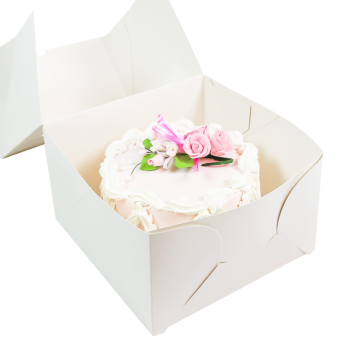 Global Sugar Art Auto-Popup Deep Square Cake Box with Window, White 8 x 8 x 5 Inches, 5 Count