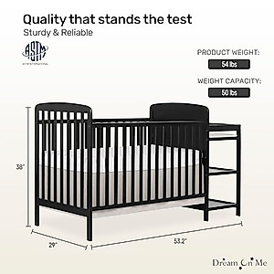 Dream On Me Anna 3-in-1 Full-Size Crib and Changing Table Combo in Black, Greenguard Gold Certified, Non-Toxic Finishes, Includes 1" Changing Pad, Wooden Nursery Furniture