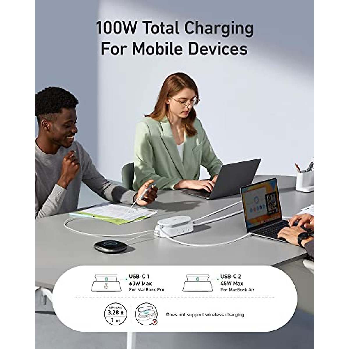 Anker 647 Charging Station (100W), 10-in-1 Power Strip with 6 AC, 1 USB-A, 1 USB-C, 2 Retractable USB C Cables (3ft), 5ft Extension Cord,Power Delivery for Conference Rooms, Desktop Accessory
