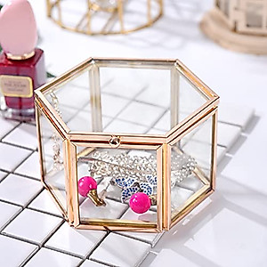 Funerom 4.1x2.5 inch Vintage Glass Jewelry Box Wedding Engagement Ring Dish DisplayTrinket Keepsake Box Hexagon Antique Gold