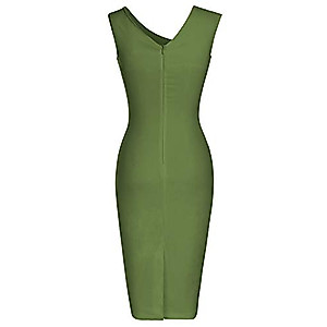 MUXXN Ladies Classic V Neck Sleeveless Midi Ruched Bridesmaid Prom Pencil Dress for Women Olive Green L