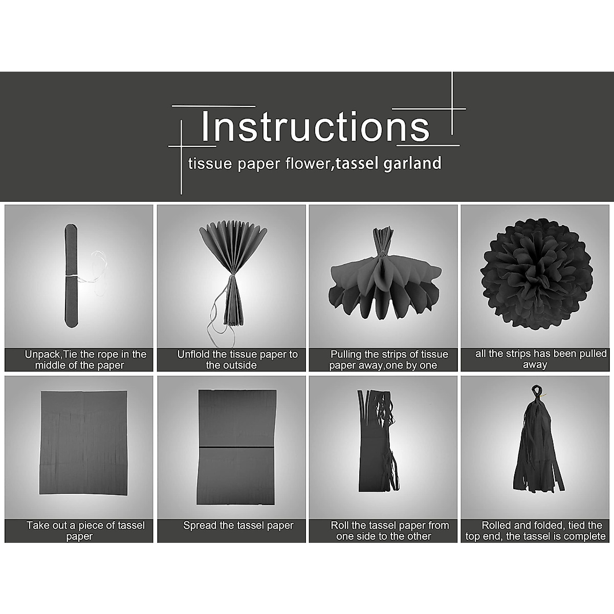 White Red Black Party Decorations - 23pcs Tissue Paper Flowers Pom Poms Tassel Garland Pennant Banner Flags Streamers Birthday Wedding Graduation Bachelorette Classroom Office Hanging Decor