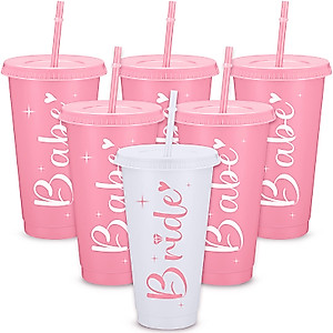 Gerrii Set of 6 Bride and Babe Bachelorette Cups for Bachelorette Party, Bachelorette Cups with Lid and Straw Bridesmaids Reusable Cups with Lids Bride Travel Mug for Wedding Party Gifts Supplies