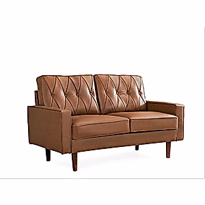 Container Furniture Direct Modern Style Faux Leather Loveseat with Elegant Round Tapered Legs and Button Tufted Backrest Perfect for Living Room, Bedroom or Home Office, 57.5’’ Wide, Brown