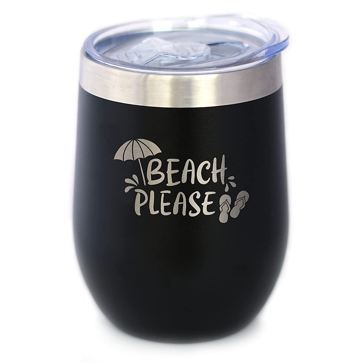 Beach Please - Travel Wine Tumbler with Sliding Lid - Stemless Stainless Steel Insulated Cup - Cute Funny Outdoor Camping Gift - Black