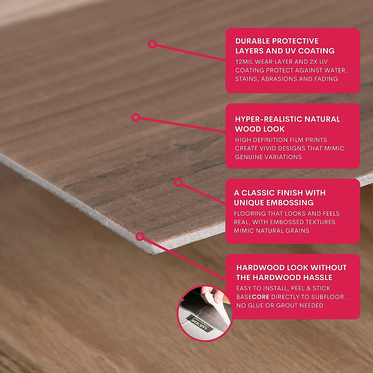 Luxury Vinyl Flooring Tiles by Lucida USA | Peel and Stick Floor Tile for DIY Installation | 36 Wood-Look Planks | Barn | BaseCore | 54 Sq. Feet