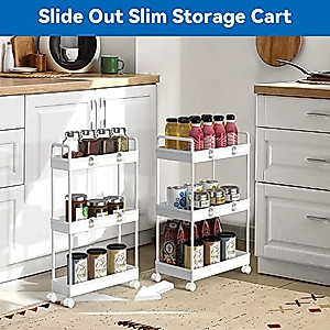 2 Pack 3 Tier Slim Storage Cart, Bathroom Organizer Laundry Room Organization Mobile Shelving Unit Slide Out Rolling Rack with Wheels for Kitchen Garage Office Small Apartment Narrow Space
