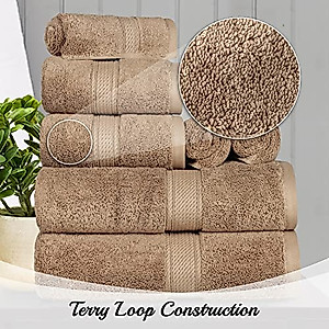 Superior Egyptian Cotton Pile 8 Piece Towel Set, Includes 2 Bath, 2 Hand, 4 Face Towels/Washcloths, Ultra Soft Luxury Towels, Thick Plush Essentials, Guest Bath, Spa, Hotel Bathroom, Latte
