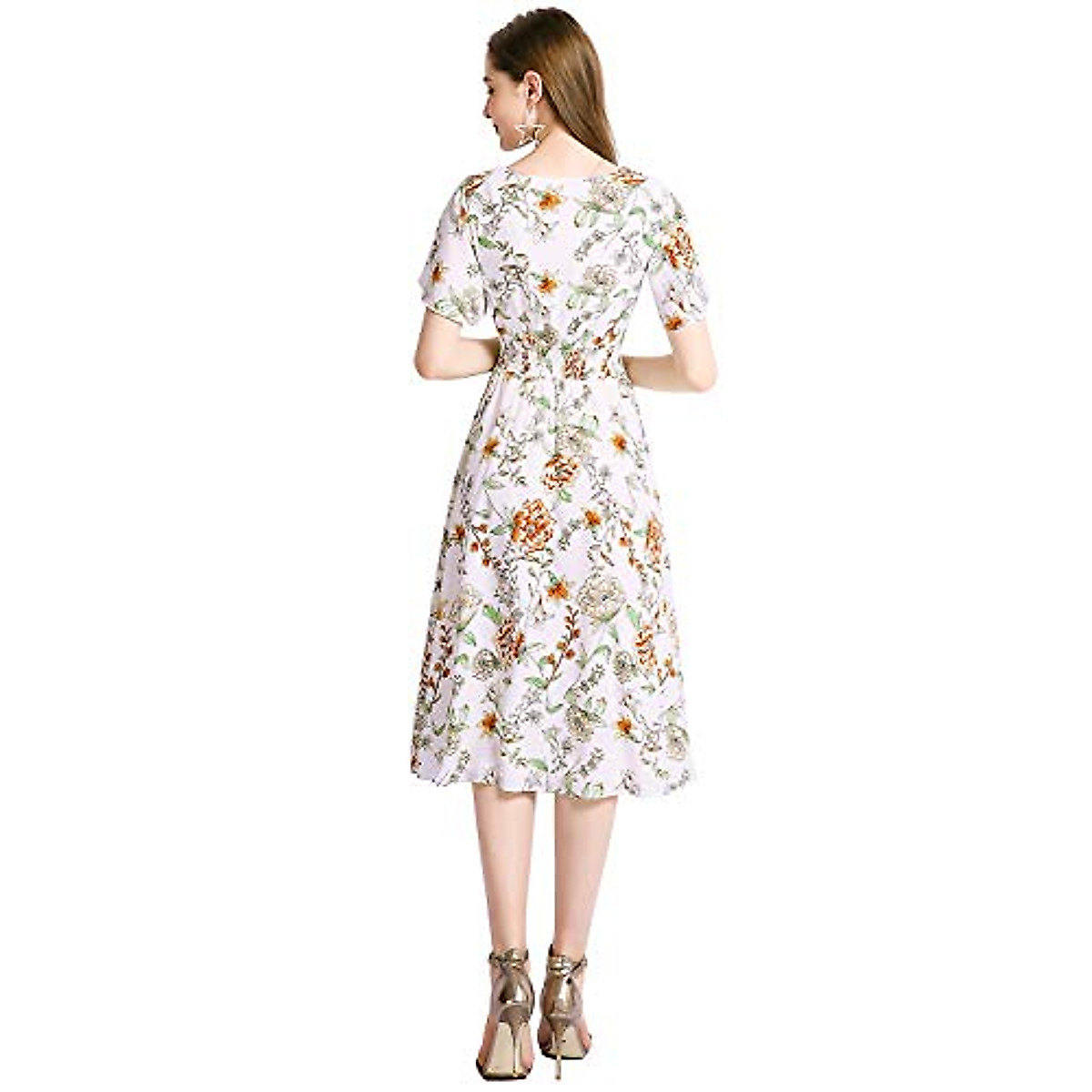 Chiffon Floral Summer Sun Beach Dresses for Women 2023 with V Neck Elastic Waist White Flower M