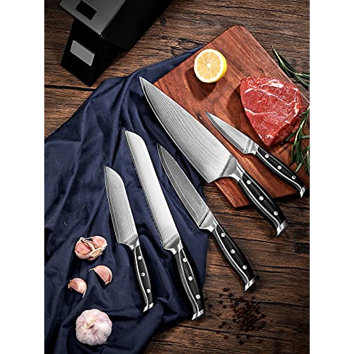 Knipan Knife Set with Block, Damascus Steel Kitchen Knives 7 Piece, Ultra Sharp AUS-10 Japanese Steel Knife Block Sets with Full Tang Handle, Black